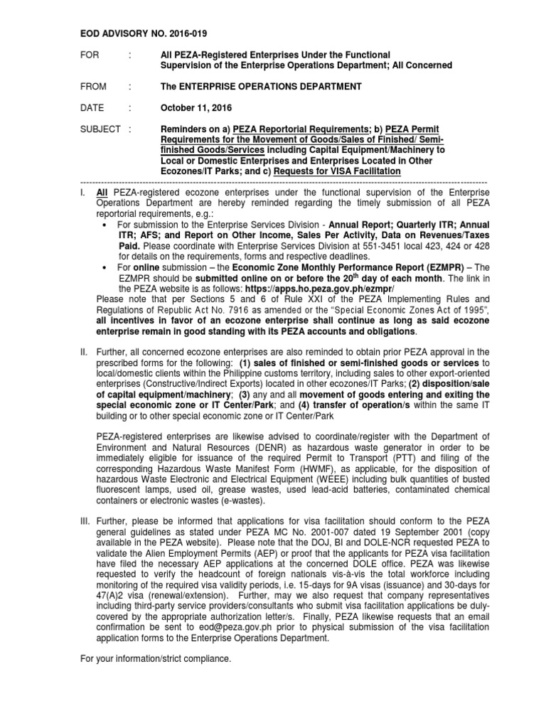 PEZA Reportorial Requirements Reminder | PDF | Travel Visa | Electronic ...