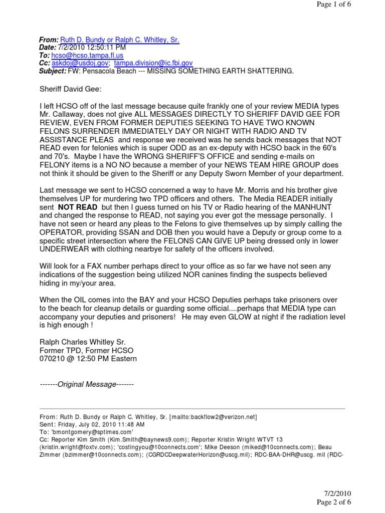 Ruth D. Bundy or Ralph C. Whitley, Sr. Hcso@hcso - Tampa.fl - Us Askdoj ...