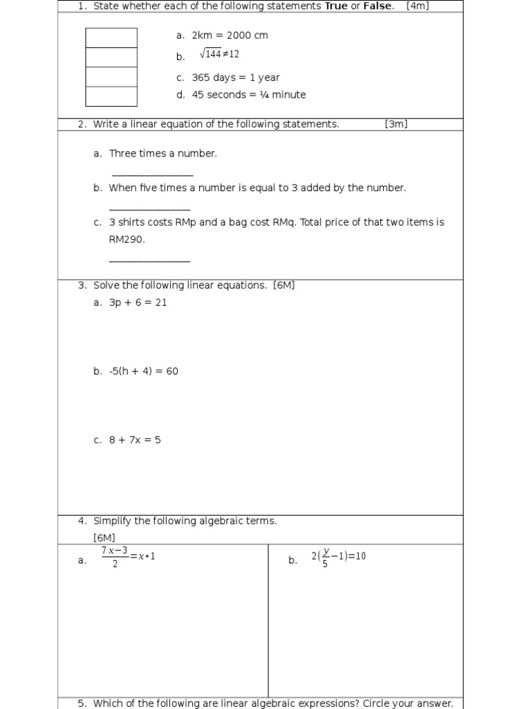 Quiz Algebraic Linear Equations | PDF | Equations | Abstract Algebra