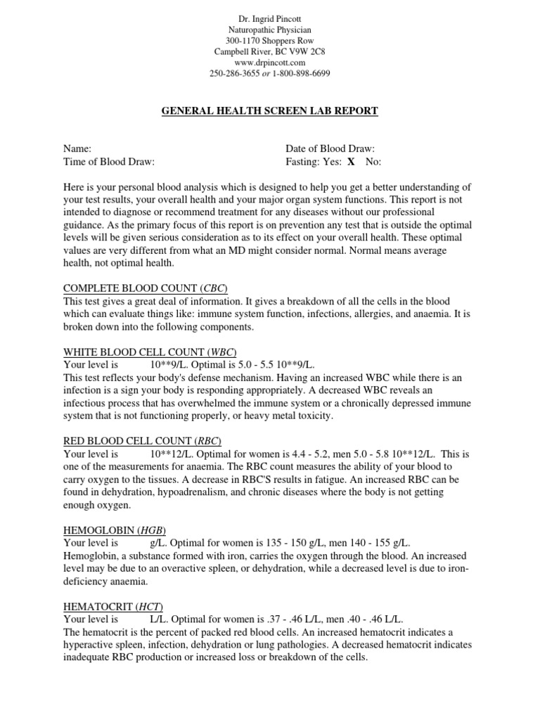 General Health Screen Lab Report | PDF | Cholesterol | Anemia