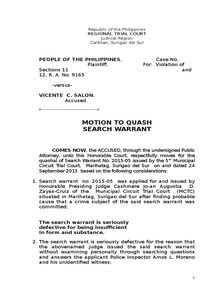 Motion To Quash Search Warrant: People of The Philippines | PDF ...