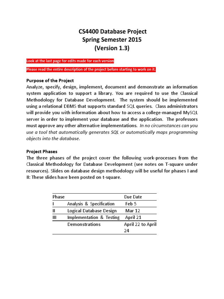 CS4400 Database Project Spring Semester 2015 (Version 1.3) : Purpose of The Project | PDF | Sql ...