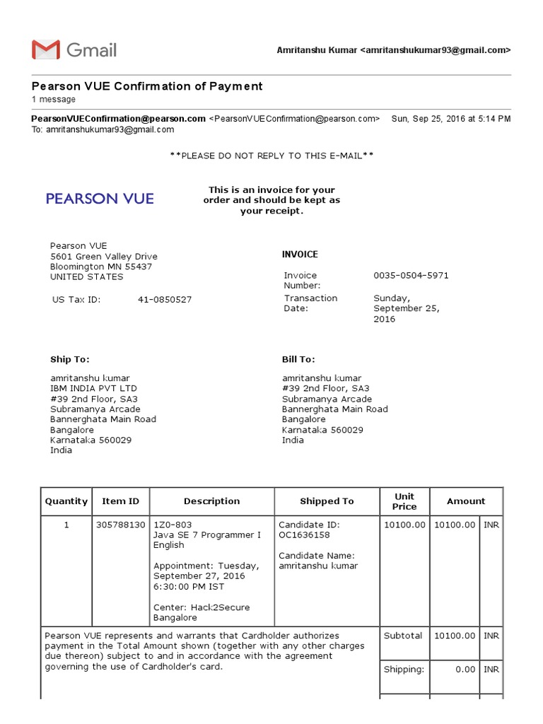 Gmail - Pearson VUE Confirmation of Payment | PDF