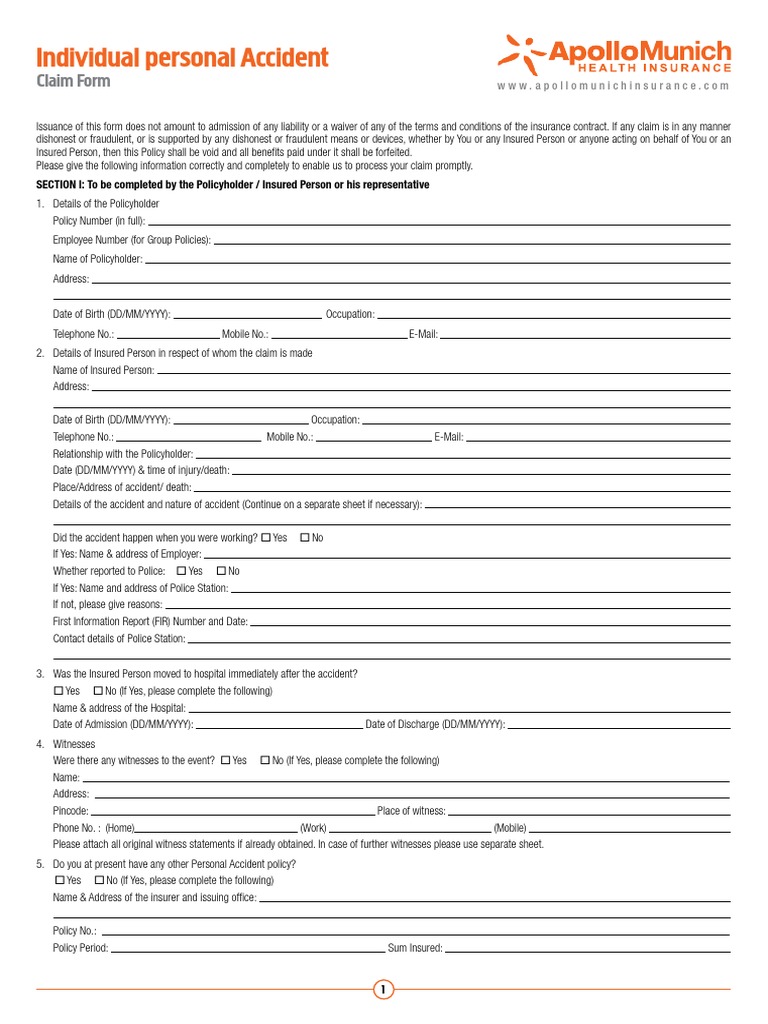 Personal Accident Insurance Claim Form | PDF | Identity Document ...