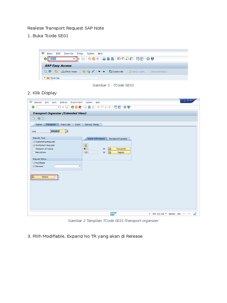 Realese Transport Request SAP Note 1. Buka Tcode SE01 | PDF