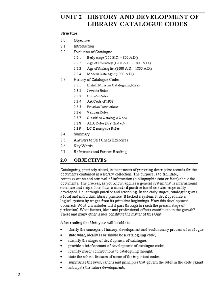 Unit 2 History and Development of Library Catalogue Codes: Structure ...