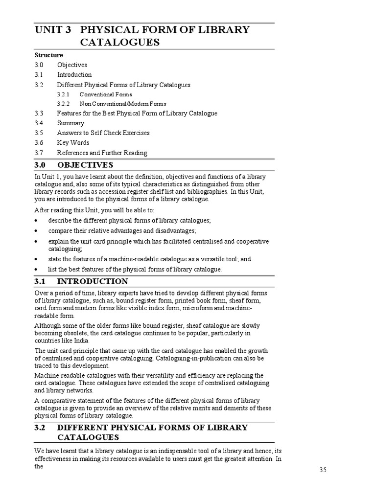 Unit 3 Physical Form of Library Catalogues: 3.0 Objectives | PDF