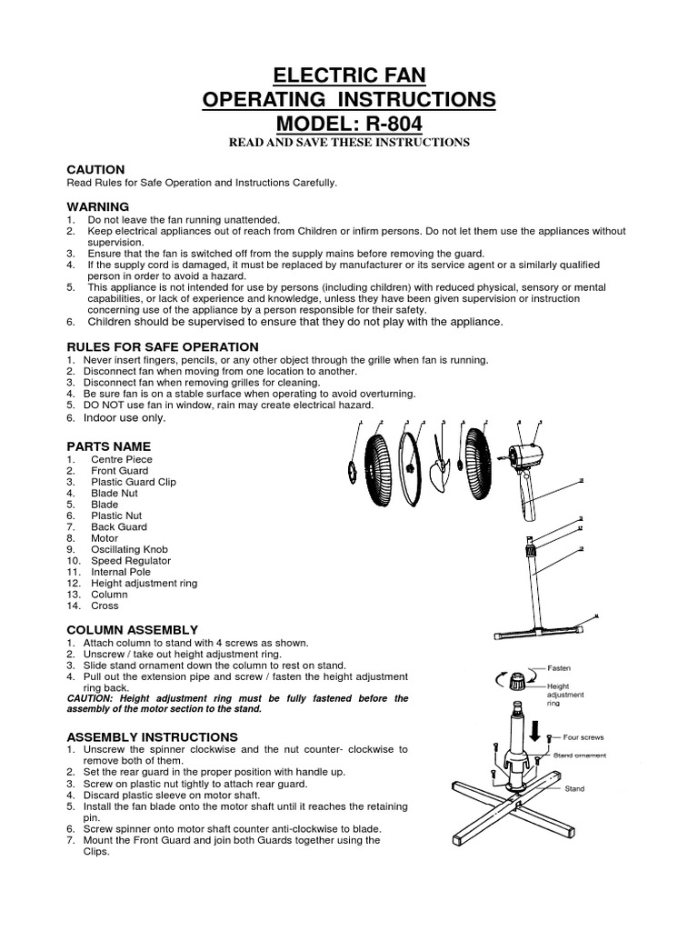 Electric Fan Operating Instructions MODEL: R-804: Caution | PDF | Ac ...