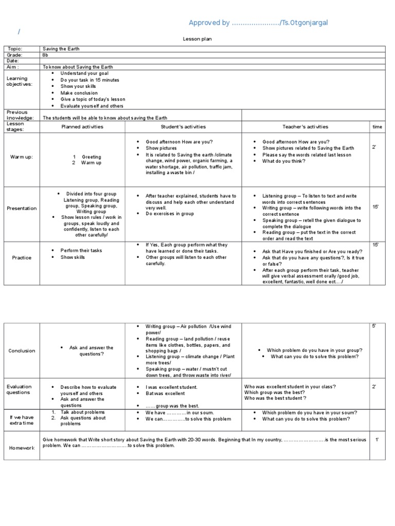 Approved by ./ts - Otgonjargal /: Lesson Plan Topic: Grade: Date: Aim ...