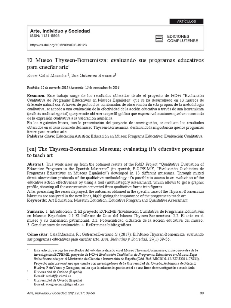 El Museo Thyssen-Bornemisza: Evaluando Sus Programas Educativos para Enseñar Arte | PDF | Museo ...