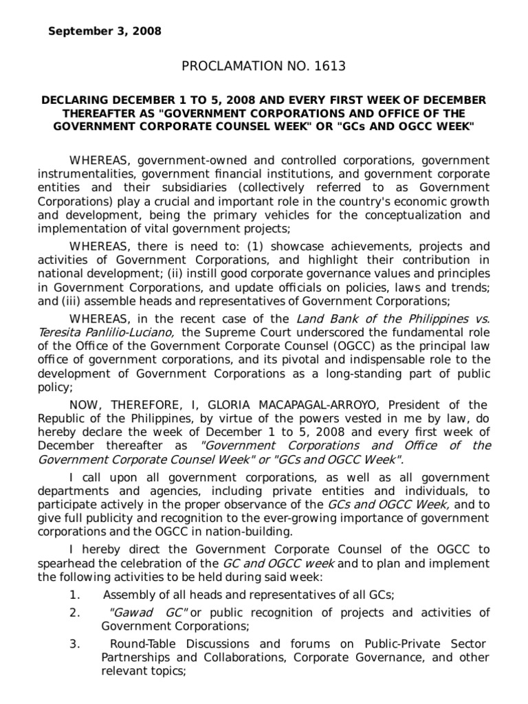 GCs and OGCC Week Proclamation 2008 | PDF | State Owned Enterprise ...