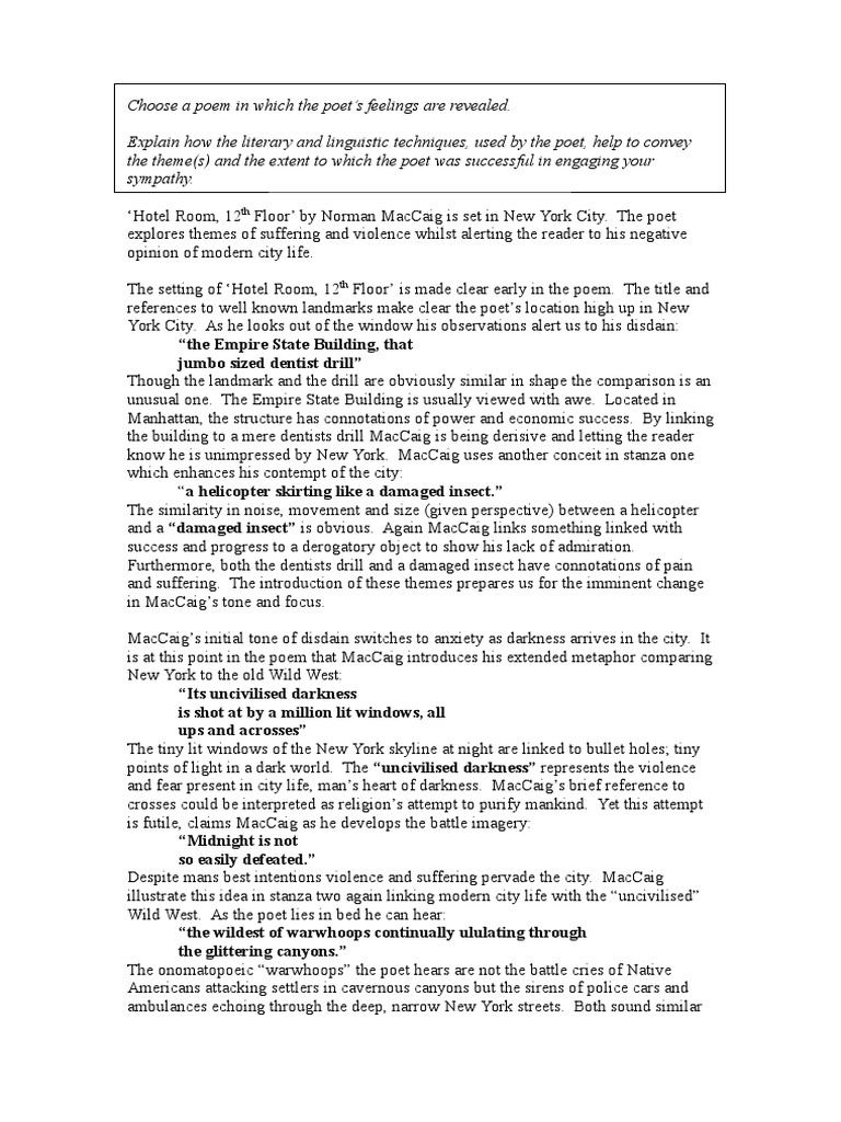 Exemplar Essay 2 Techniques Reveal Poet S Feelings Hotel Room 12th ...
