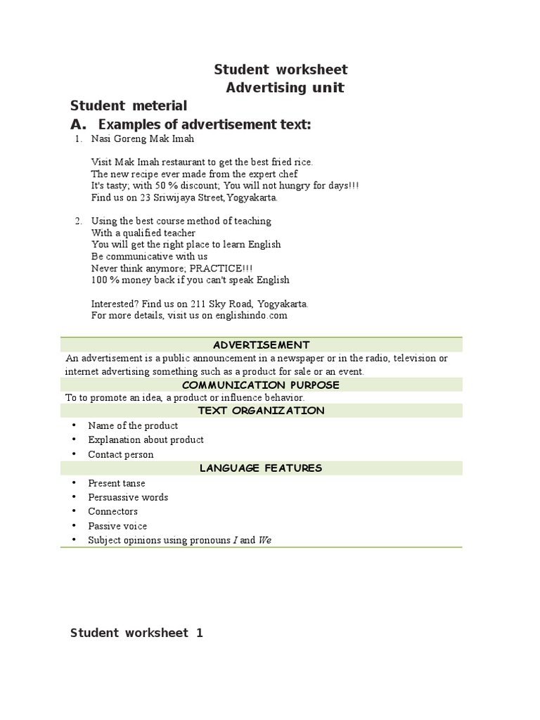 Student Worksheet Advertising Unit Student Meterial A. Examples of ...