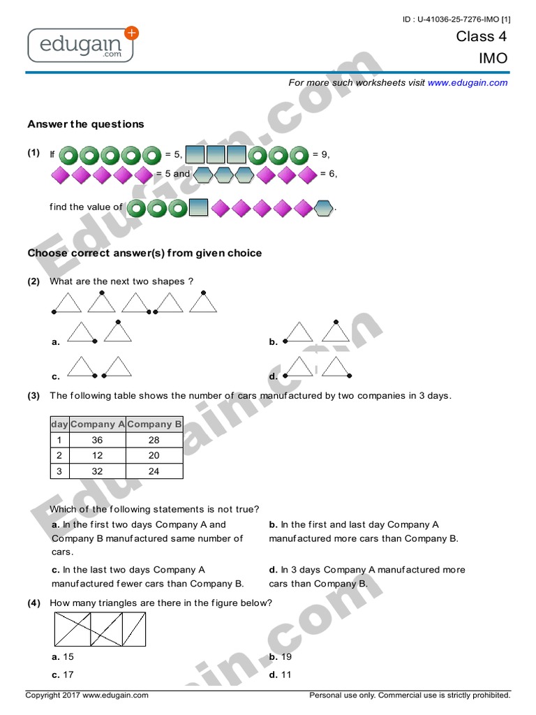 Class 4 IMO: Answer The Questions | PDF | Teaching Mathematics