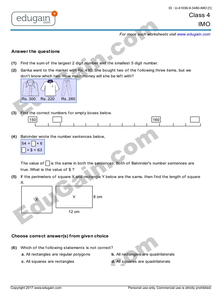 Class 4 IMO: Answer The Questions | PDF | Rectangle | Euclidean Geometry