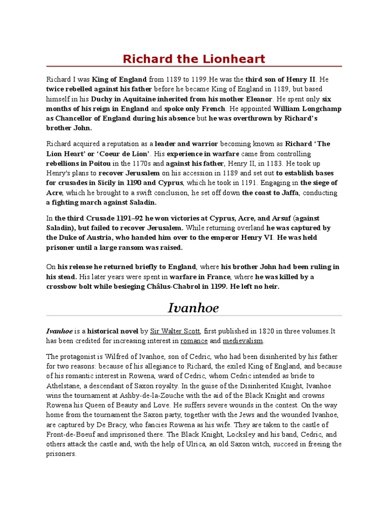 Richard The Lionheart | PDF | Richard I Of England | Ivanhoe