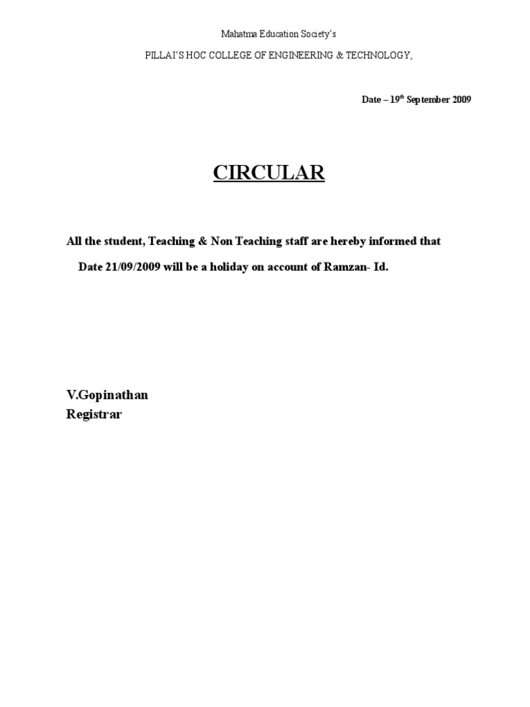 Circular - Holidays | PDF | Educational Organizations | Further Education