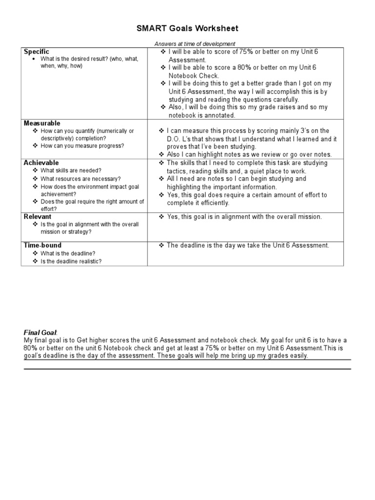 SMART Goals Worksheet: Specific | PDF | Goal | Educational Assessment