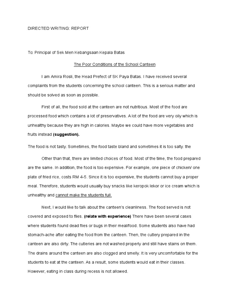 DIRECTED WRITING Report - Canteen Complaint | PDF | Food Industry | Foods