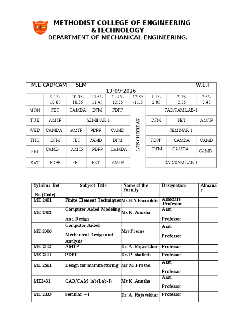 M.E Time Table I Sem | PDF