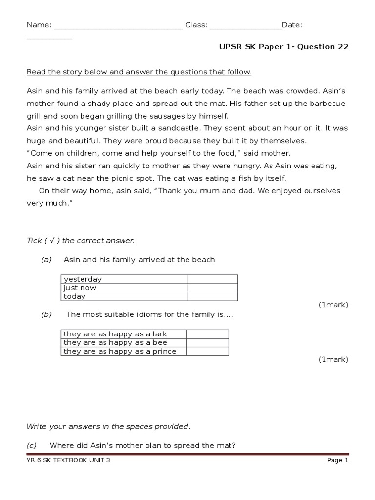 UPSR SK Paper 1-Question 22: Tick ( ) The Correct Answer. (A) | PDF