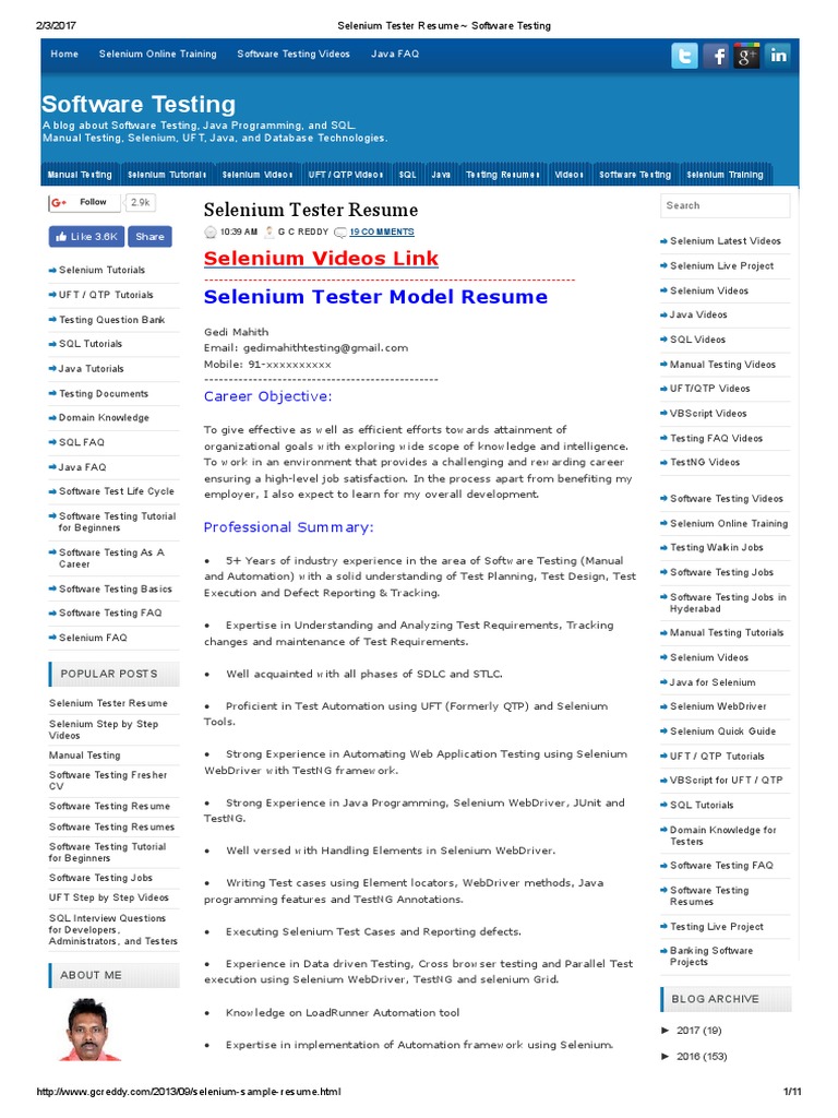 Selenium Tester Resume - Software Testing | PDF | Selenium (Software ...