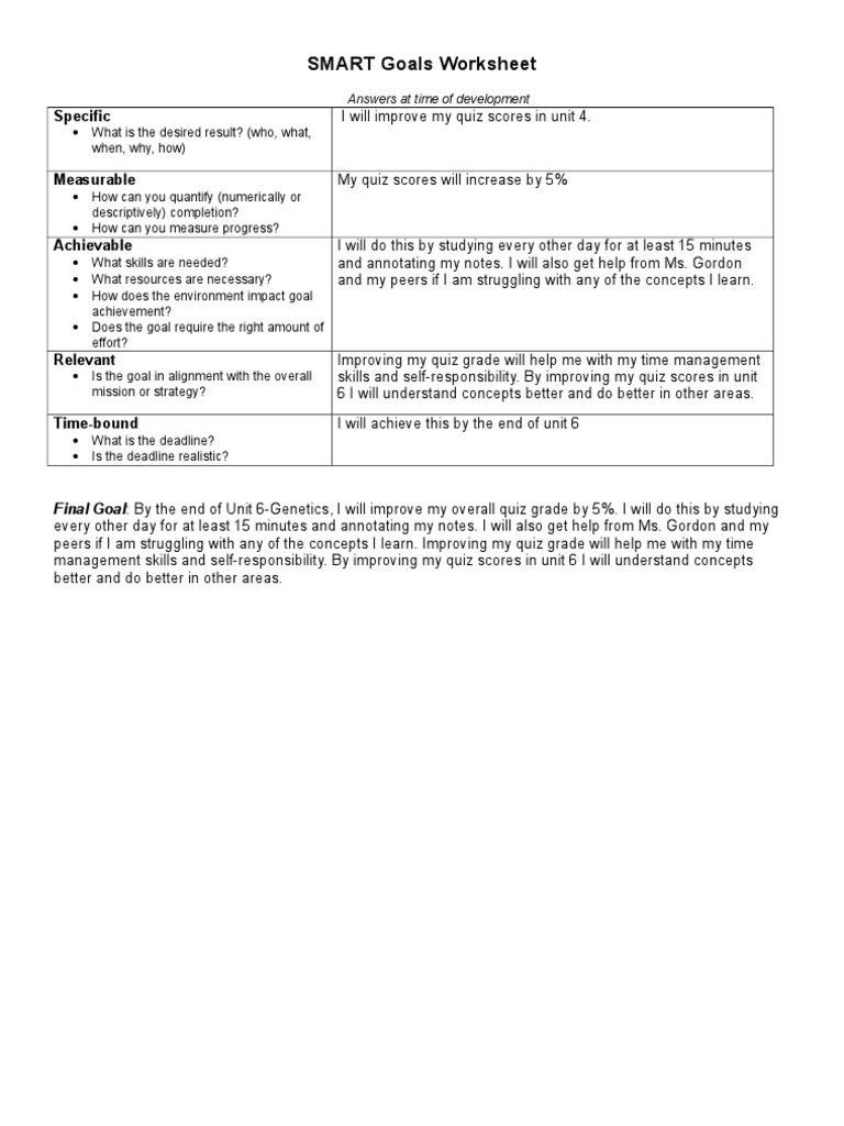Smart Goals Worksheet | PDF