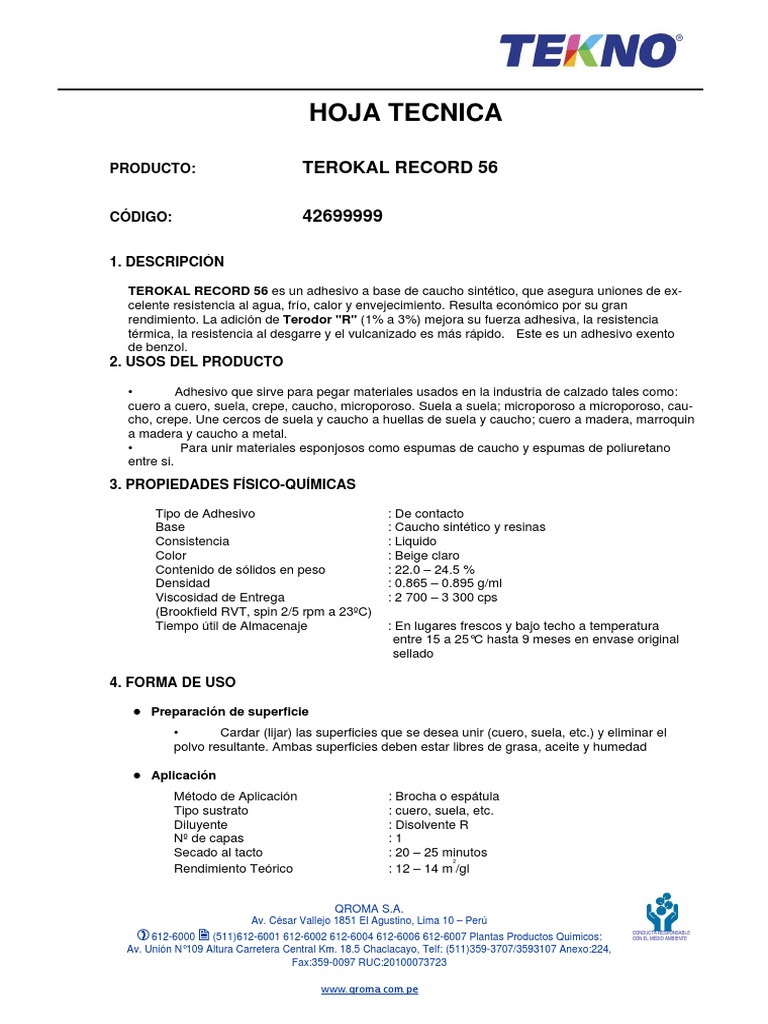 Adhesivo Terokal Record 56: Usos y Propiedades | PDF | Caucho natural ...