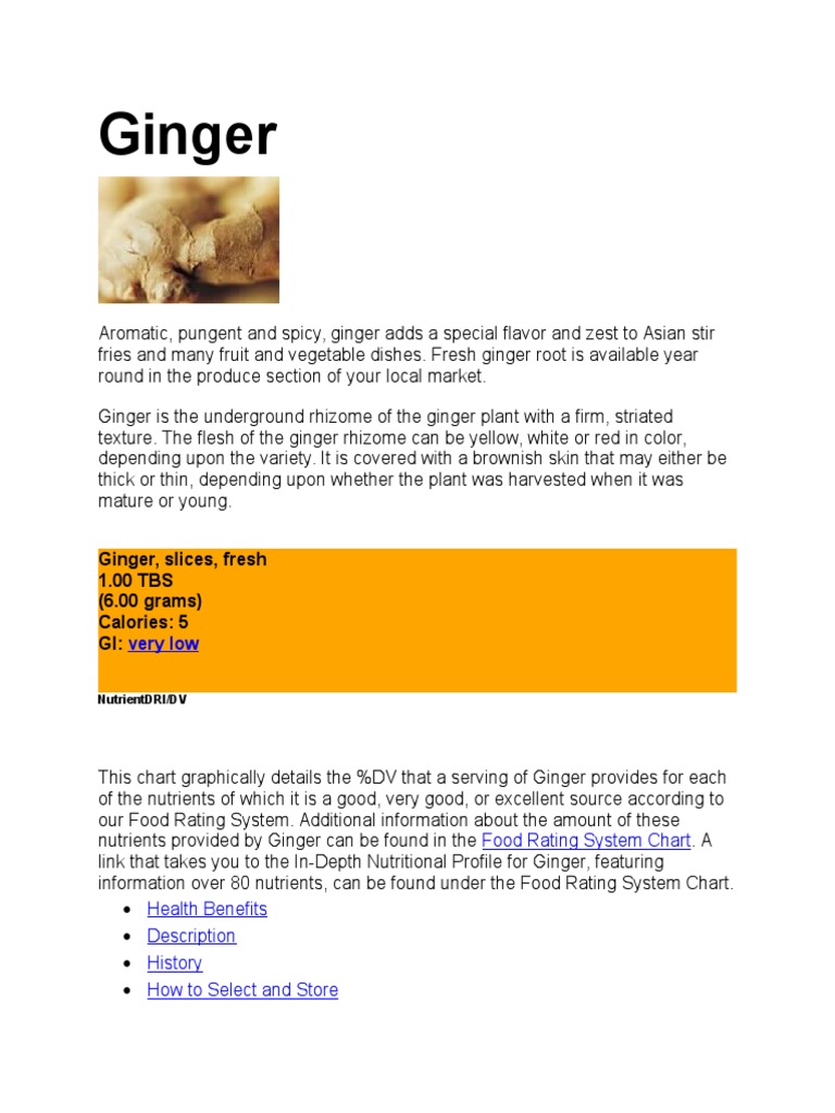 Ginger: Ginger, Slices, Fresh 1.00 TBS (6.00 Grams) Calories: 5 GI ...