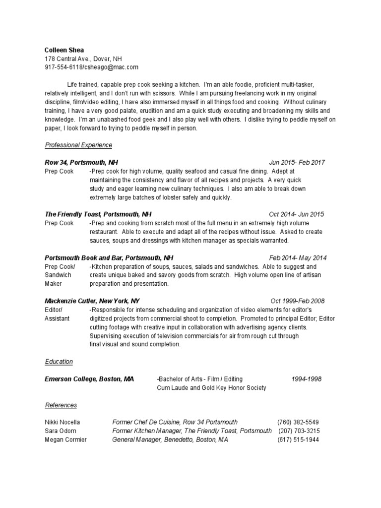 Colleen Shea Prep Cook Resume | PDF