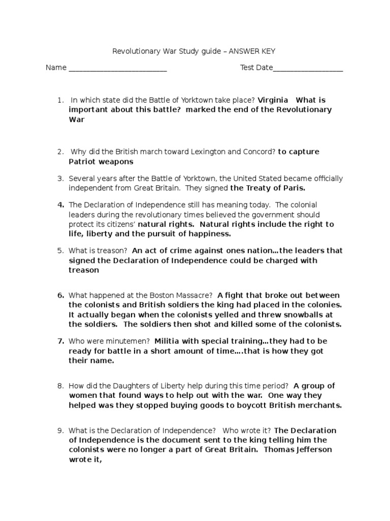 Revolutionary War Study Guide-Answer Key | PDF | United States ...