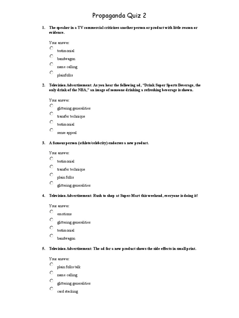Propaganda Techniques Quiz | PDF | Games & Activities | Law