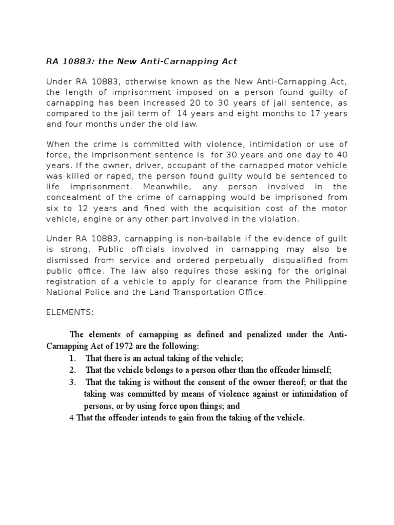 RA 10883: The New Anti-Carnapping Act | PDF | Finance & Money ...