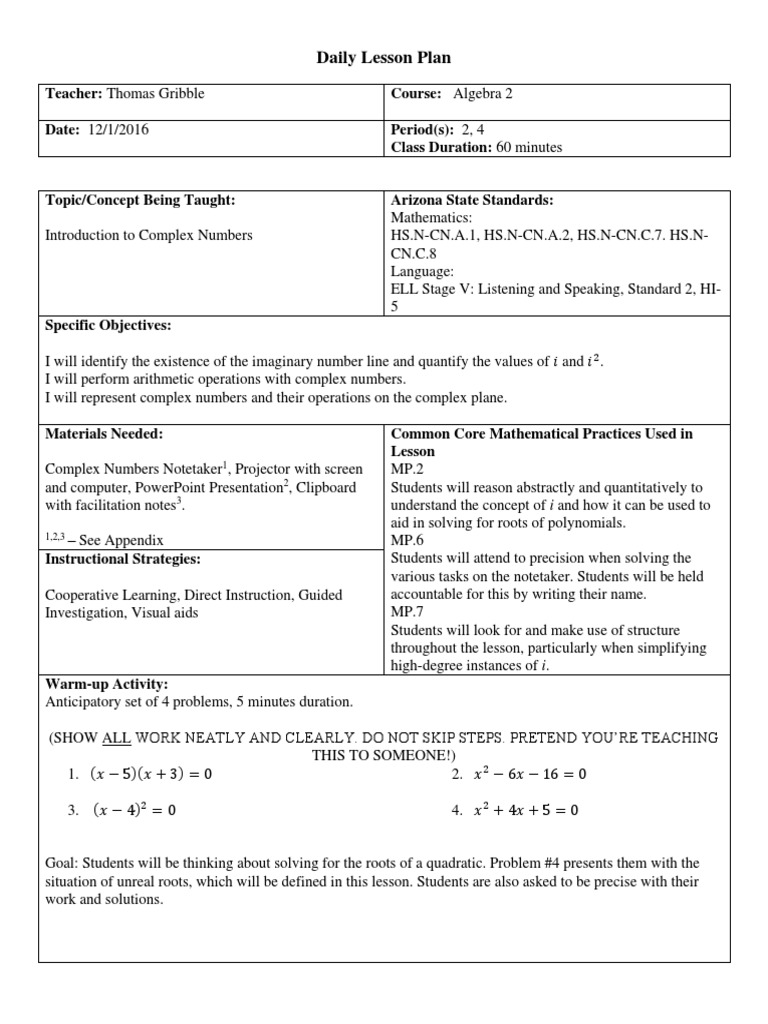 Complex Numbers Lesson Plan Pdf Complex Number Numbers