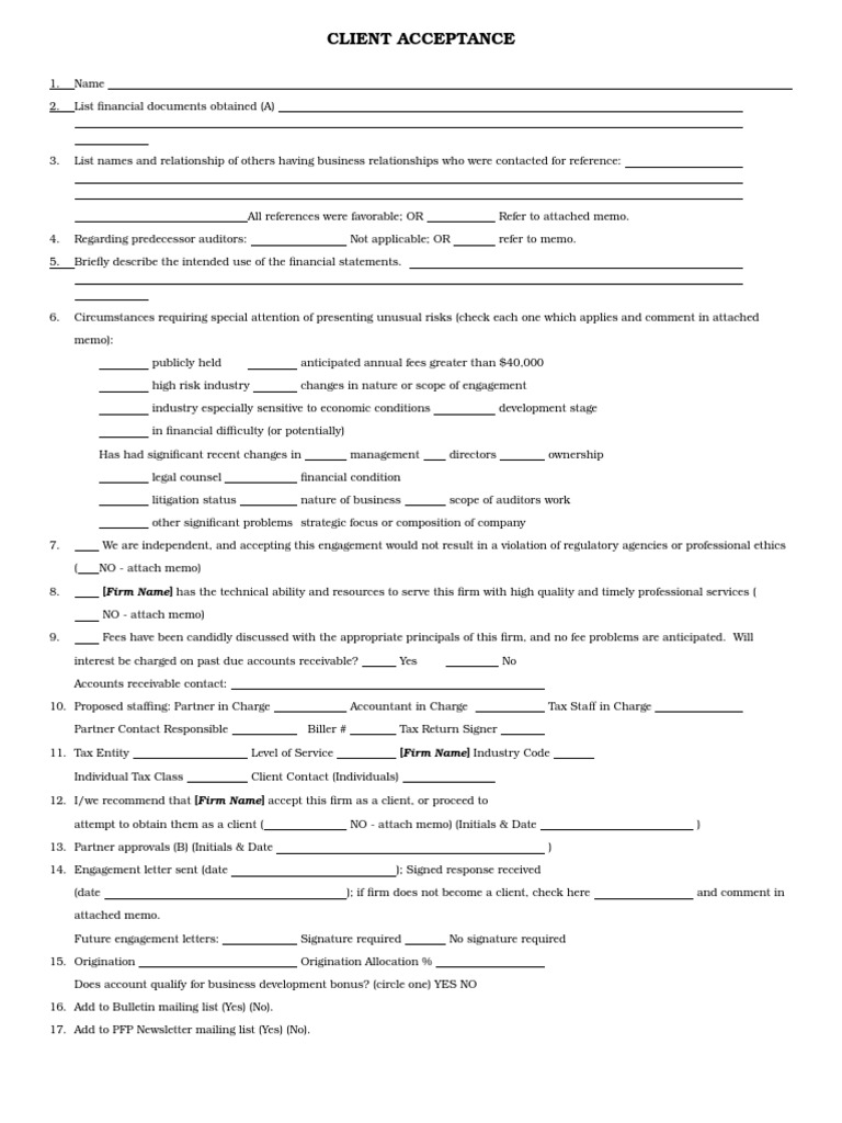 Client Acceptance Form | Form 10 K | Taxes