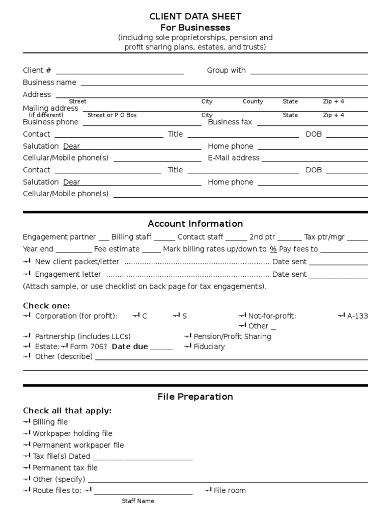 Client Data Sheet for Businesses | Nonprofit Organization | Taxes