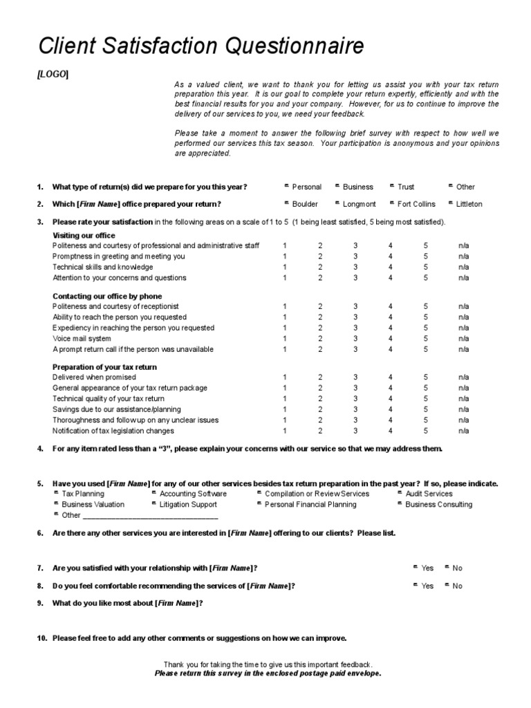 Client Satisfaction Questionnaire | PDF | Questionnaire | Taxes
