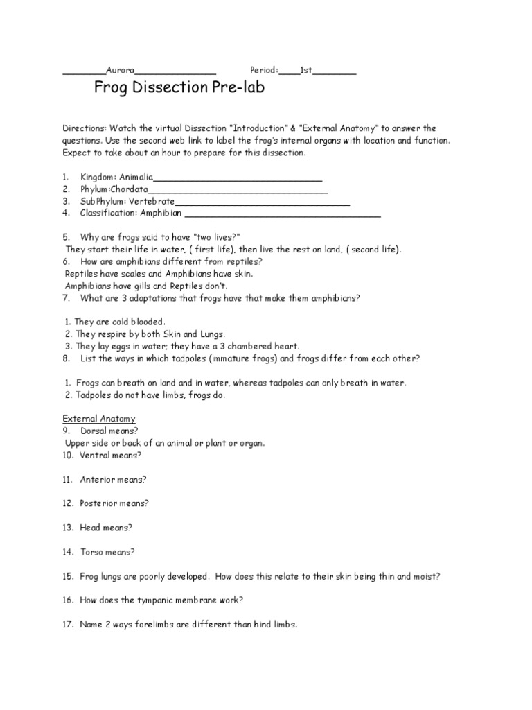 Frog Dissection Pre-Lab | PDF
