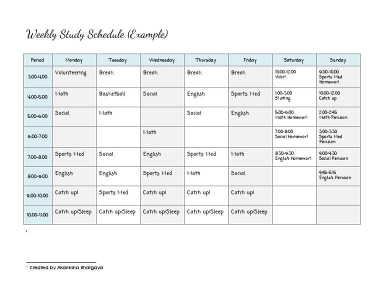 Weekly Study Schedule (Example) : Period Monday Tuesday Wednesday ...