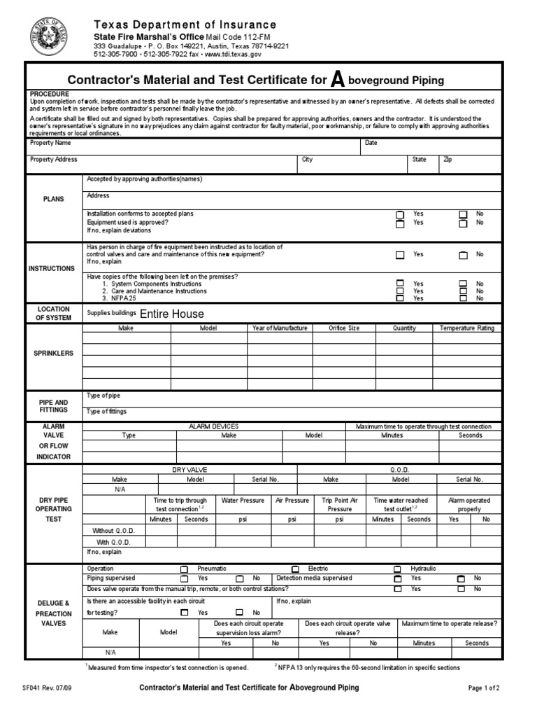 Contractor's Material Test Certificate | PDF | Fire Sprinkler System ...