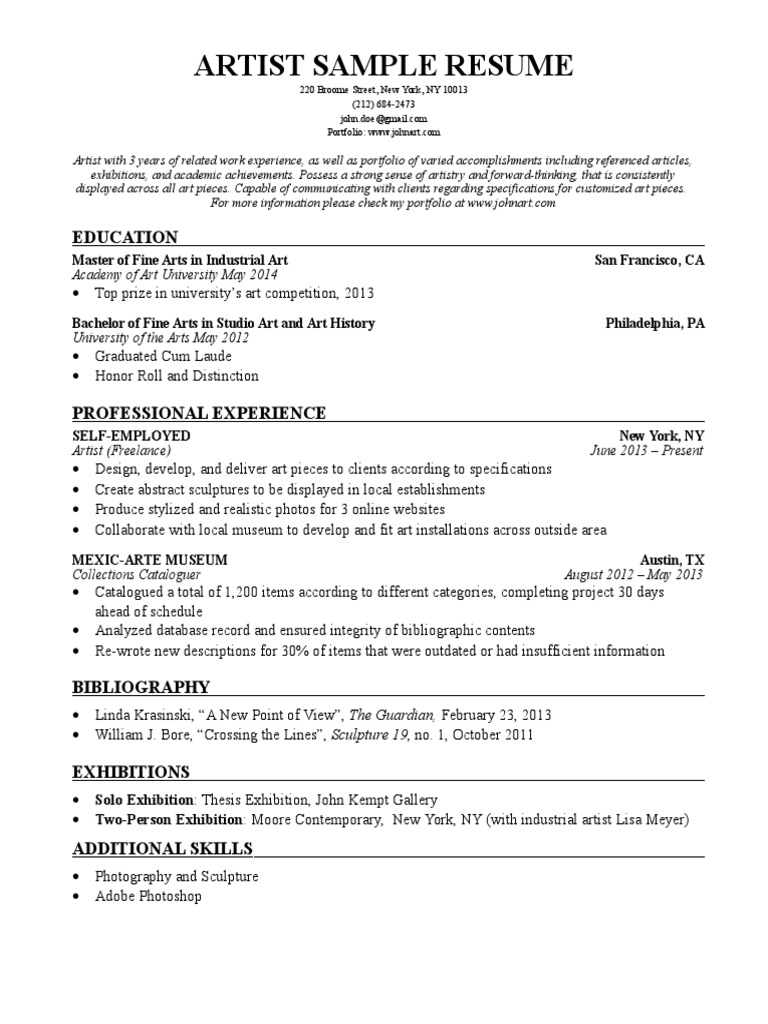 Artist Sample Resume: Education | PDF | Communication Design | Library ...