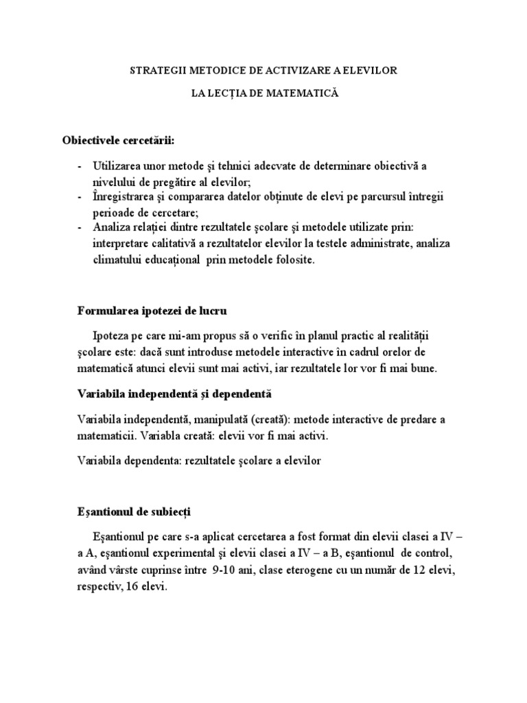 Proiect de Cercetare Pedagogica | PDF