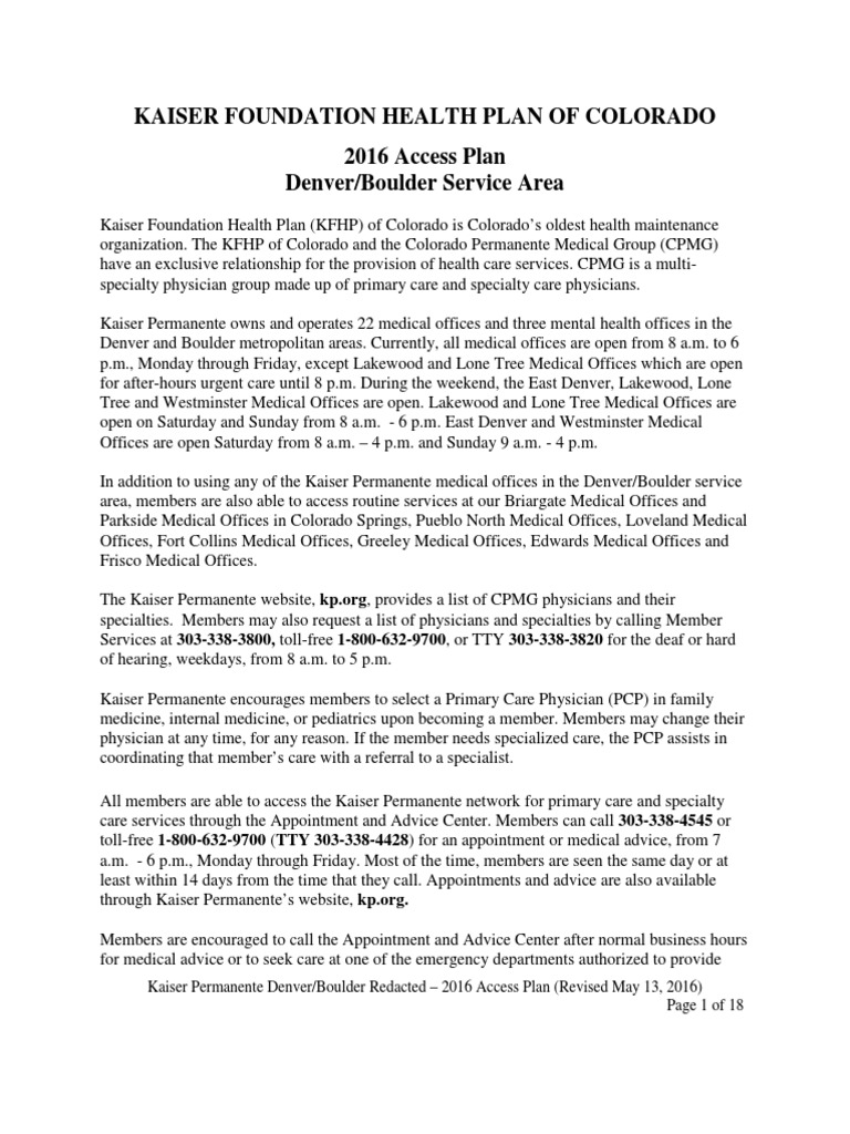 Kaiser Permanente 2016 Denver Boulder Access Plan Redacted - Final ...