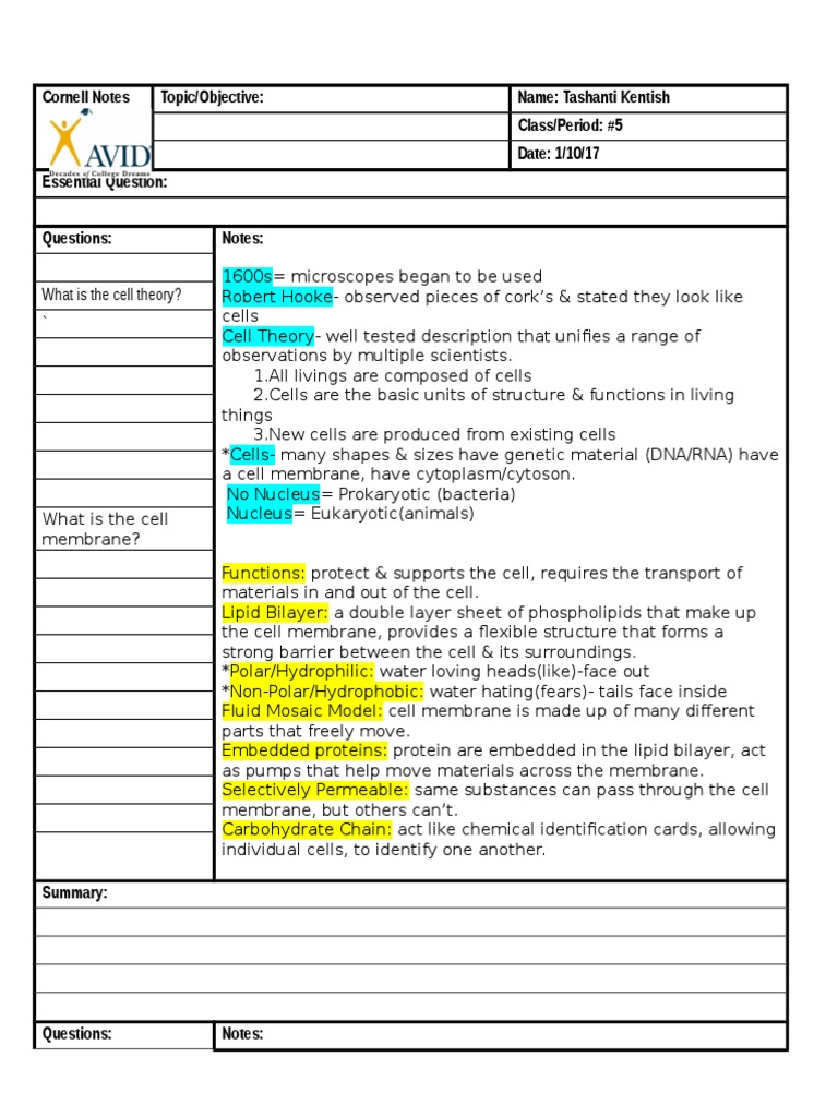 cornell notes 1 | Cell (Biology) | Cell Membrane