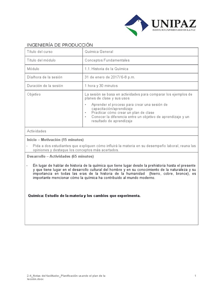 Planificacion Usando El Plan De Clase Quimica General Pdf Química