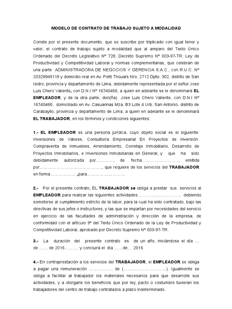 Modelo de Contrato de Trabajo Sujeto A Modalidad | PDF | Derecho laboral | Derecho privado