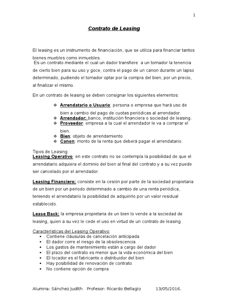 Contrato de Leasing | PDF | Arrendamiento | Alquiler