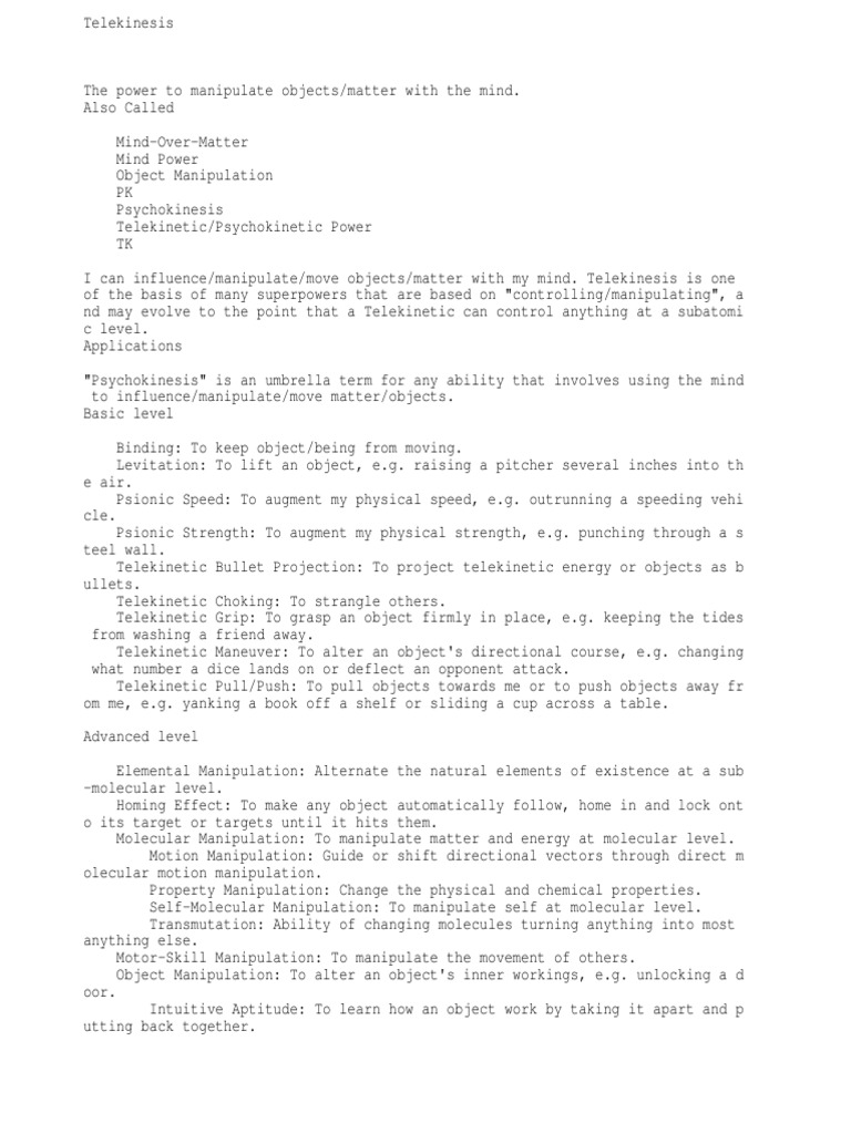 Telekinesis Omnikinesis Transmutation Remote Telekinesis | PDF ...