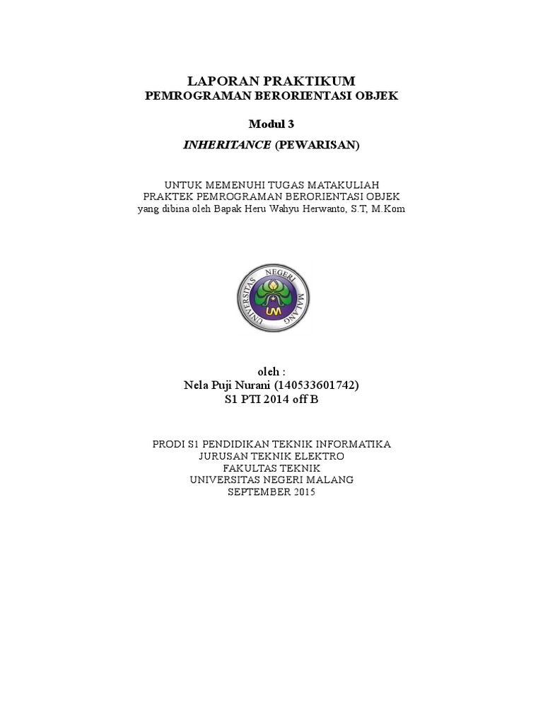 Laporan 3 Pemrograman Berorientasi Objek (PBO) - Inheritance (Pewarisan) | PDF