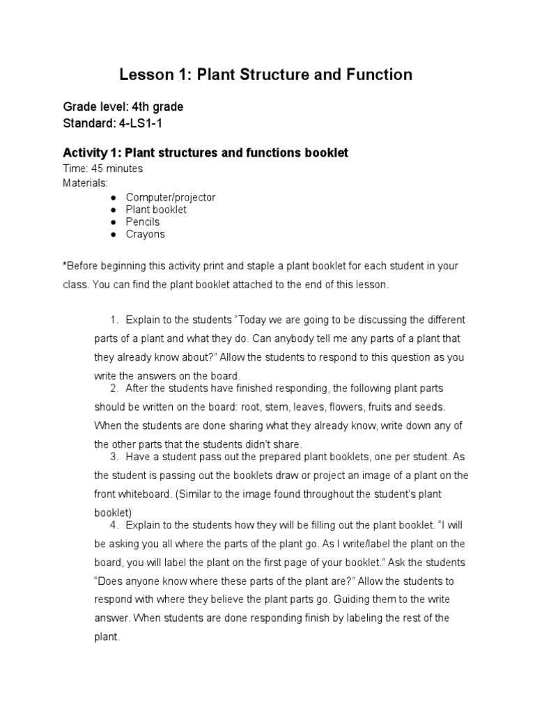 Lesson 1: Plant Structure and Function: Grade Level: 4th Grade Standard ...